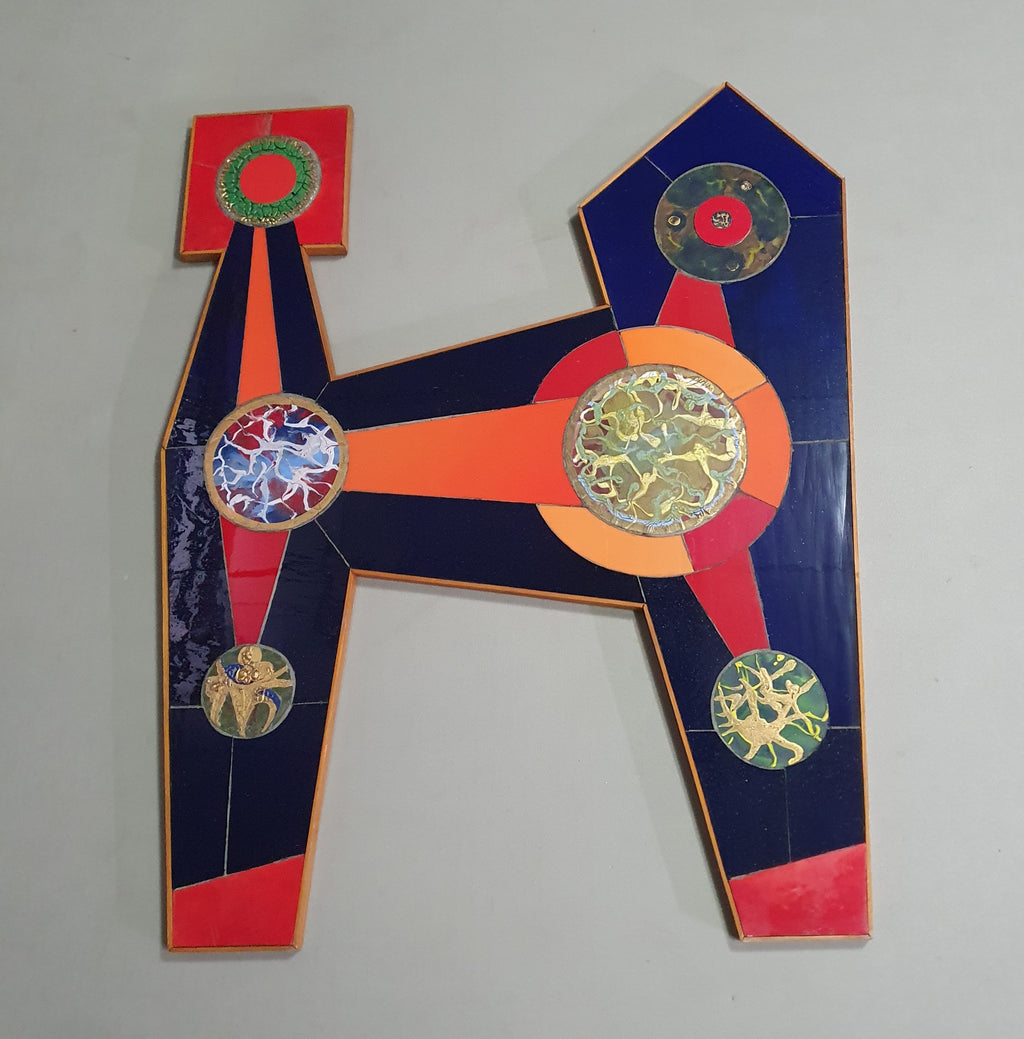 Large Midcentury enameled, iridescent glass tableau / wall sculpture W ...